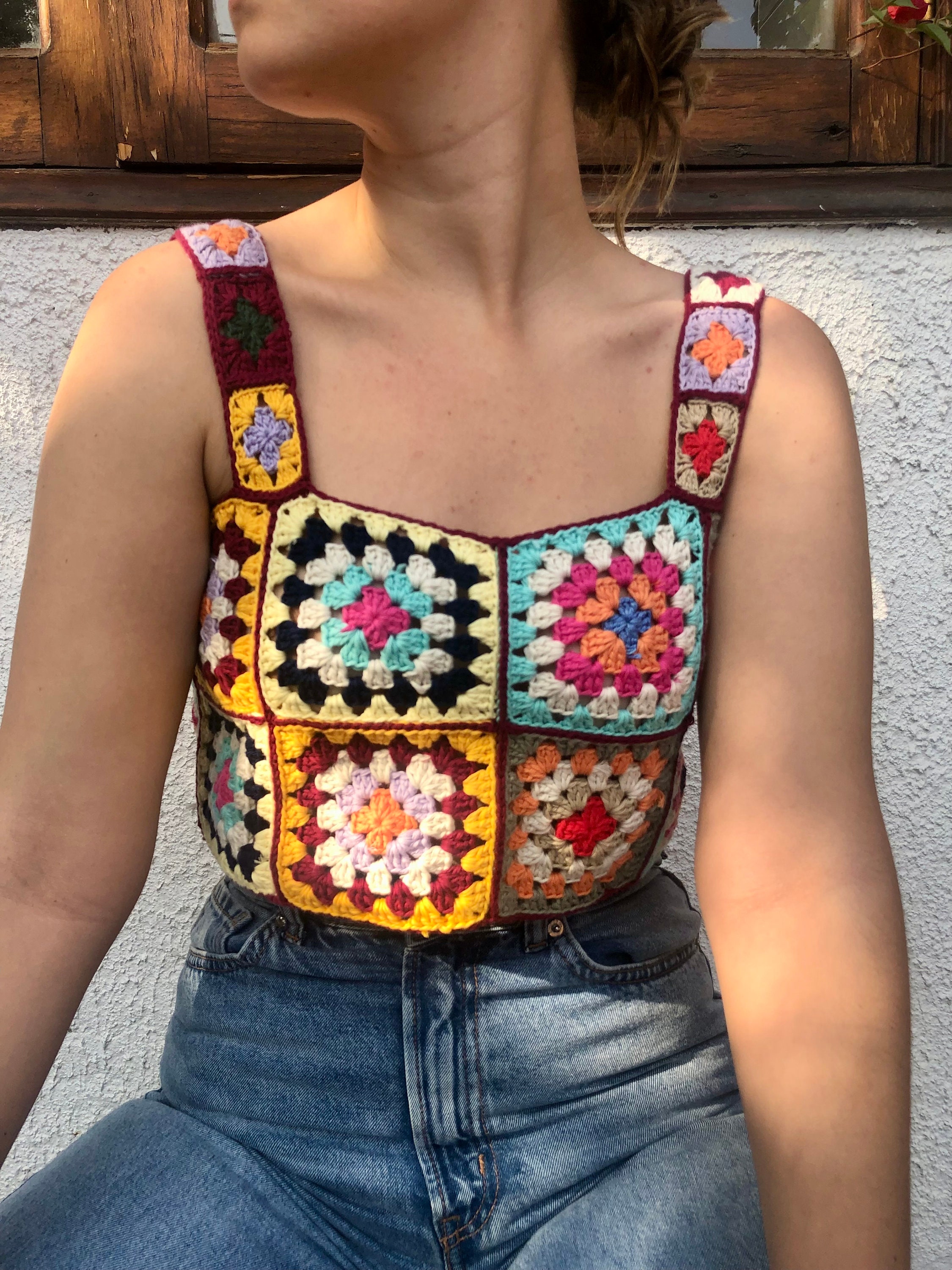 Boho Retro Top Knit Crochet Top Patchwork Top Granny | Etsy