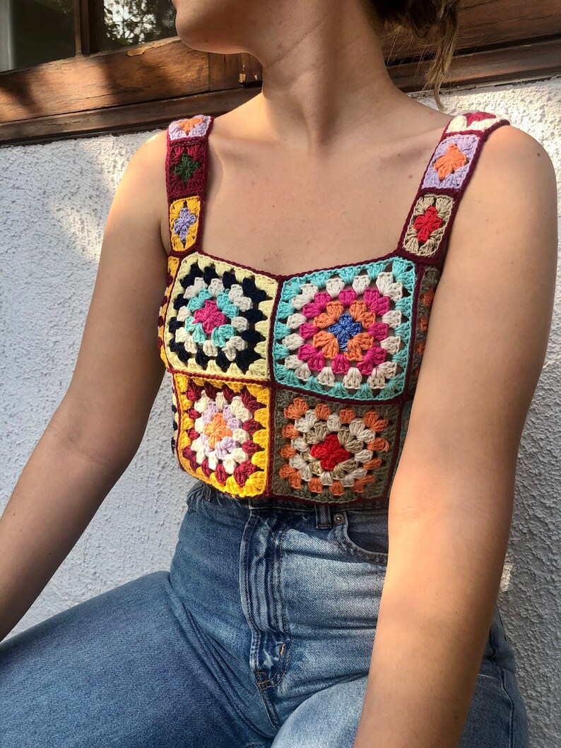 Boho Retro Top Knit Crochet Top Patchwork Top Granny - Etsy