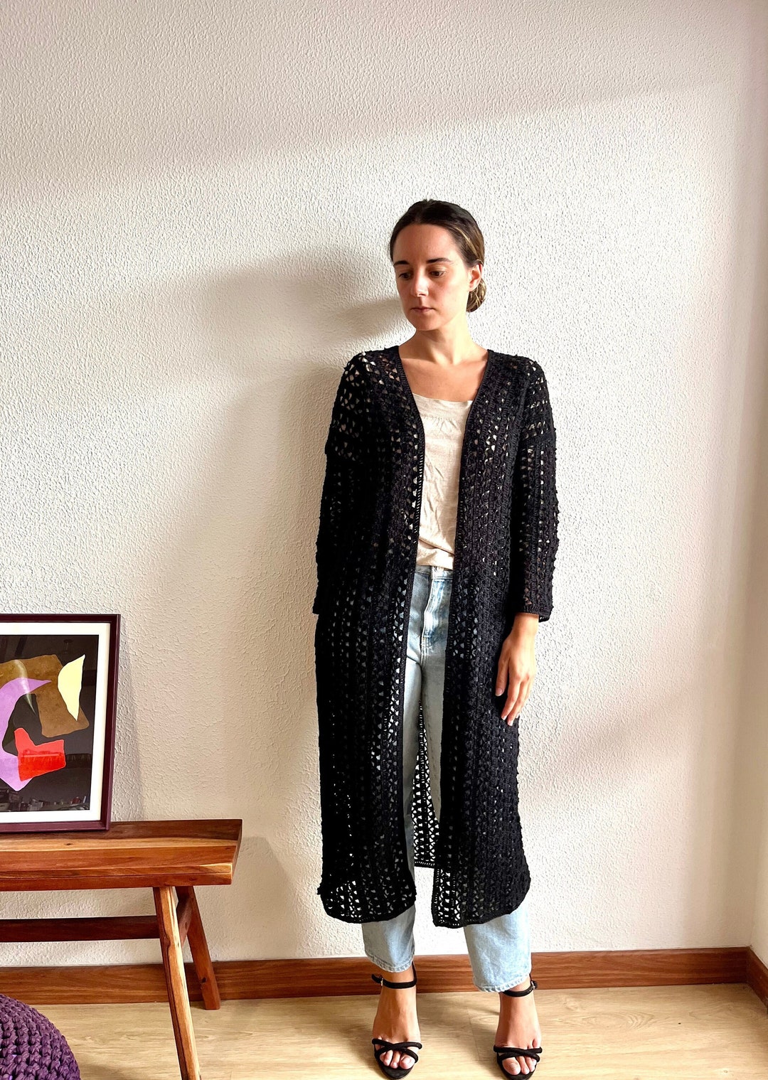 Cotton Crochet Cardigan, Long Cotton Cardigan, Black Robe, Black Kimono ...