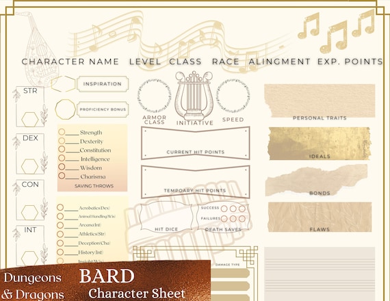 Bard Character Sheet DnD Character Sheet 5e DND Character - Etsy México