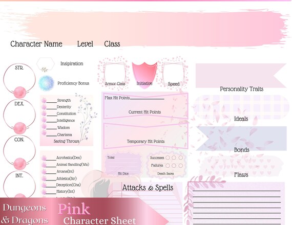 Pink Character Sheet Dnd Character Sheet 5e DND Character | Etsy