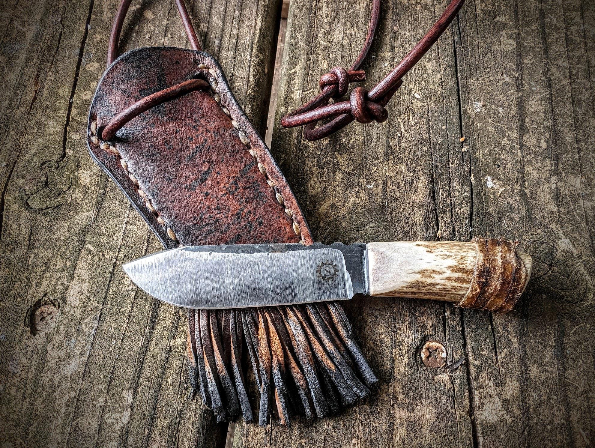 Patch Knife / Neck Knife Frontier Style With Antler and Leather - Etsy