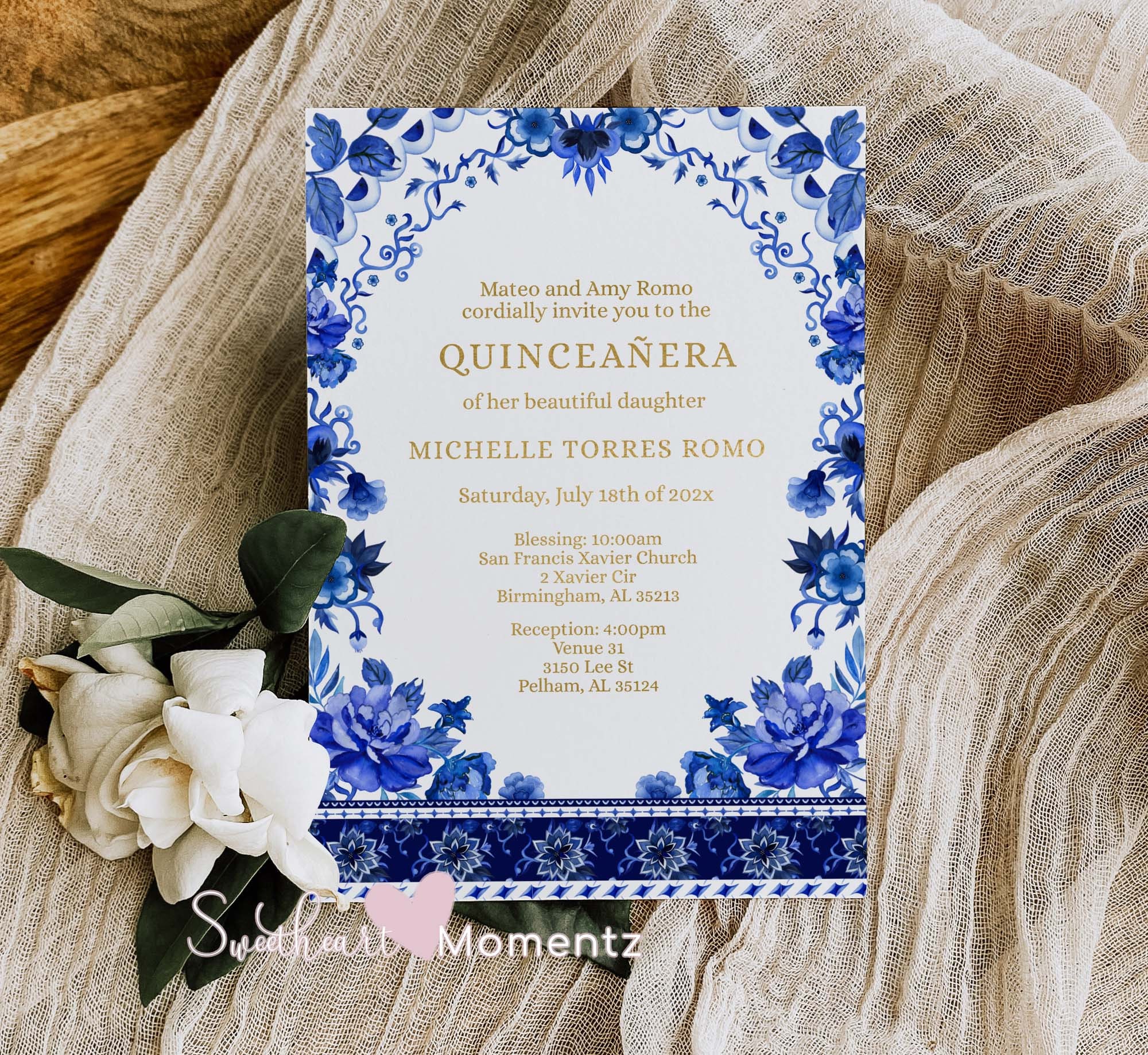 Editable Blue Tile Quinceanera Invitation, Blue and Gold, Blue Quince ...