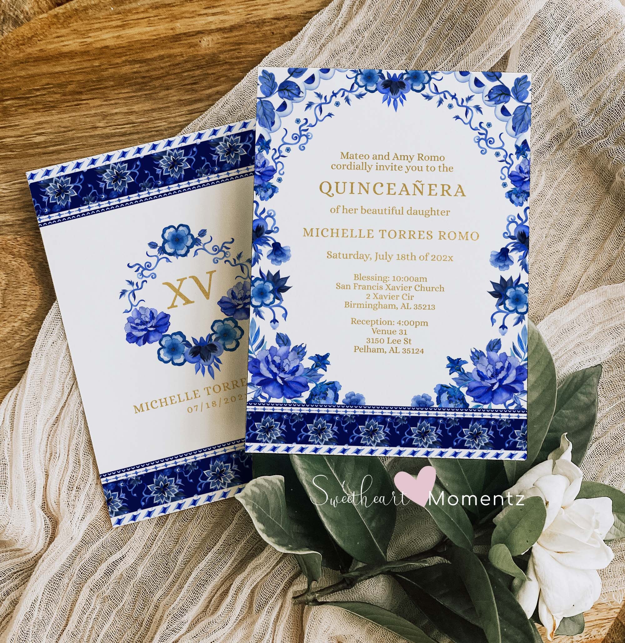 Editable Blue Tile Quinceanera Invitation, Blue and Gold, Blue Quince ...