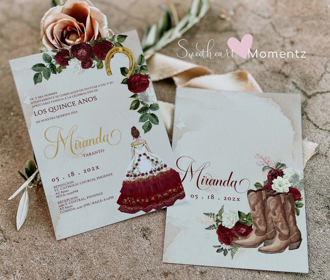Burgundy Charro Quinceanera Invitation, Charro Quinceanera, Burgundy ...
