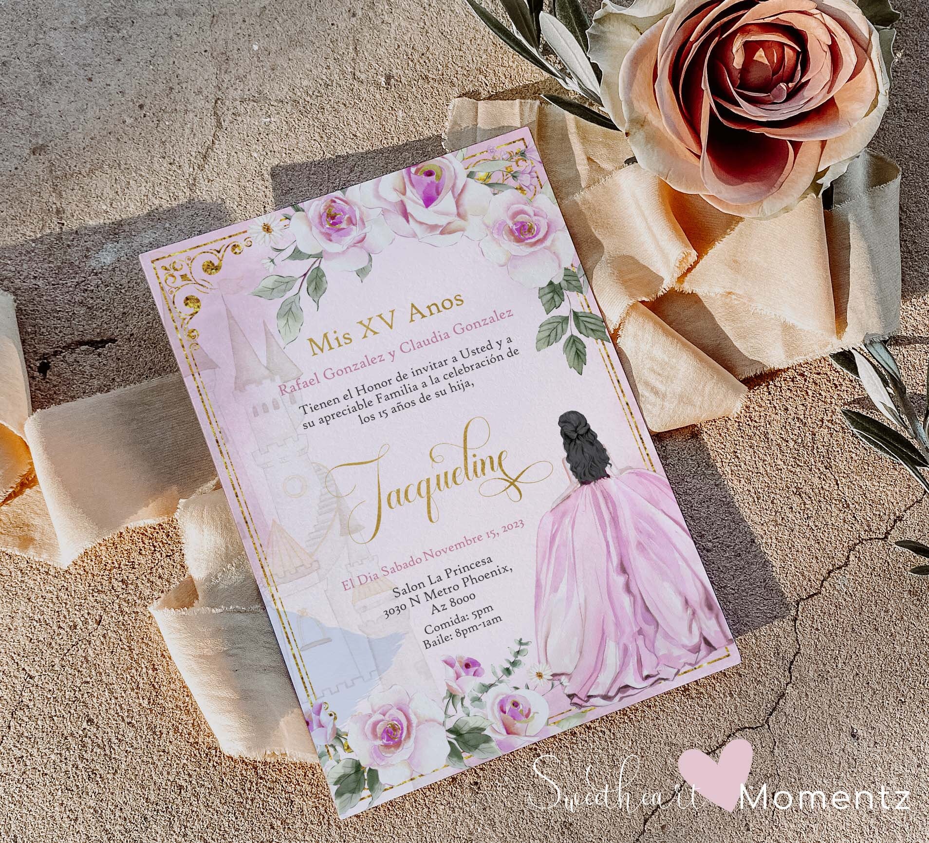 Pink and Gold Quinceanera Invitation, Pink Princess Quinceanera ...
