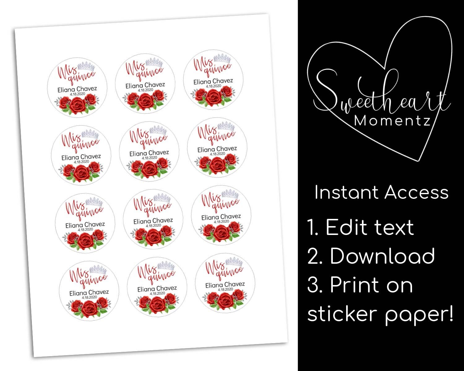 Red, Black and Gold Sticker, Red Quinceanera Party Favors, Red ...