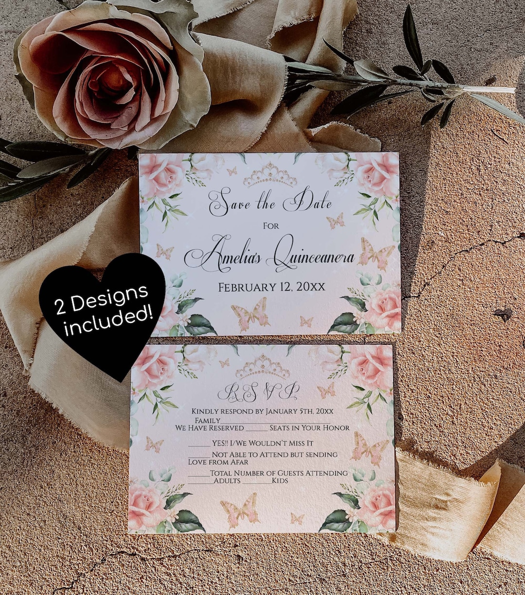 Blush Pink Quinceanera Save the Date, Pink Quinceanera RSVP Card ...