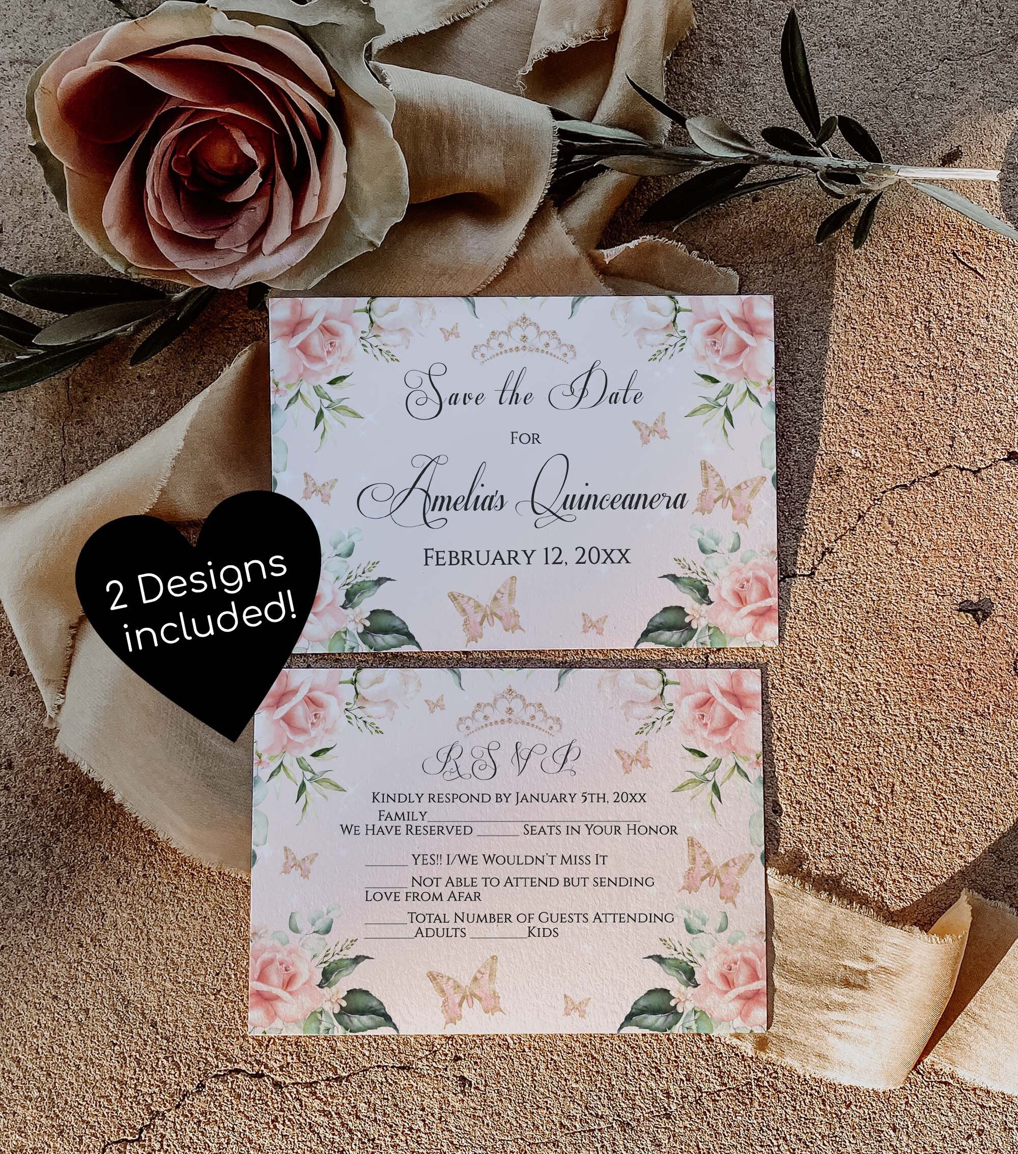Blush Pink Quinceanera Save the Date, Pink Quinceanera RSVP Card ...