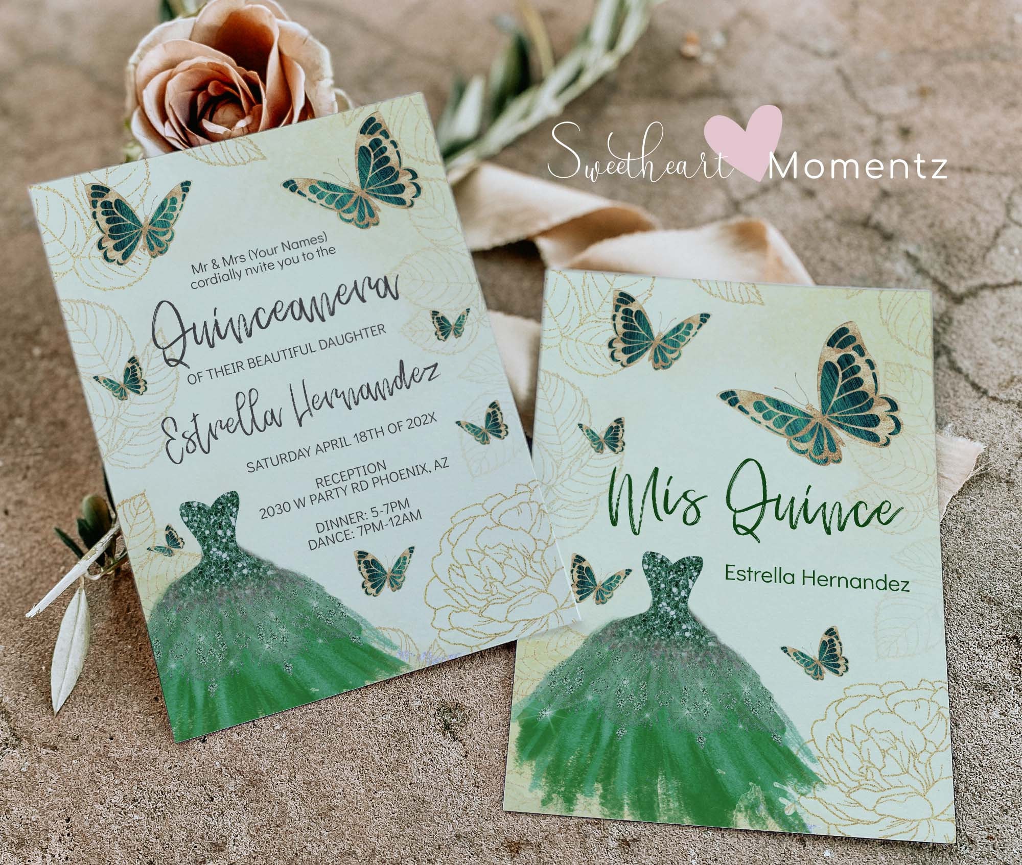 Emerald Green and Gold Butterfly Quinceanera Invitation, Butterfly ...