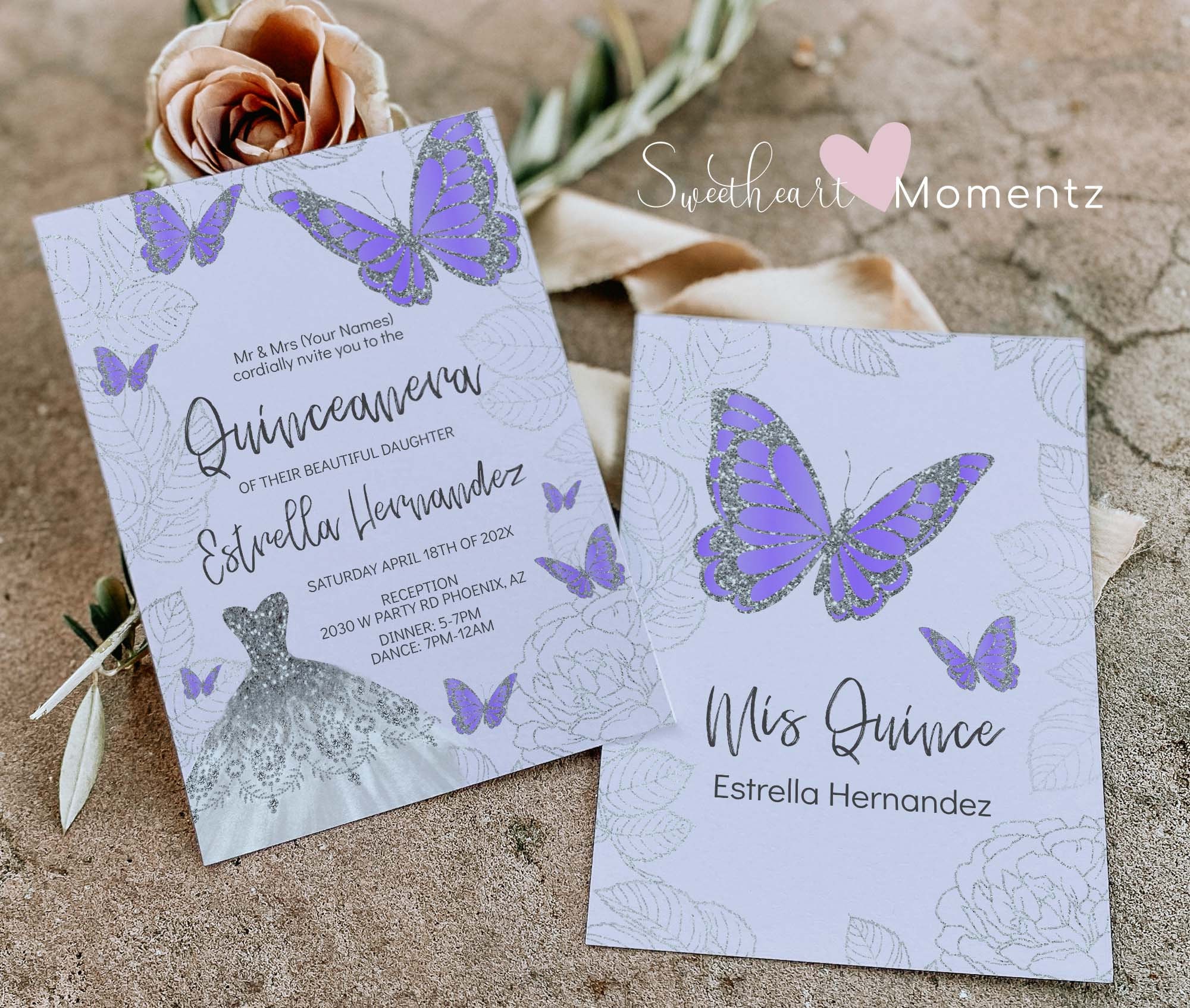Purple and Silver Butterfly Quinceanera Invitation, Butterfly ...