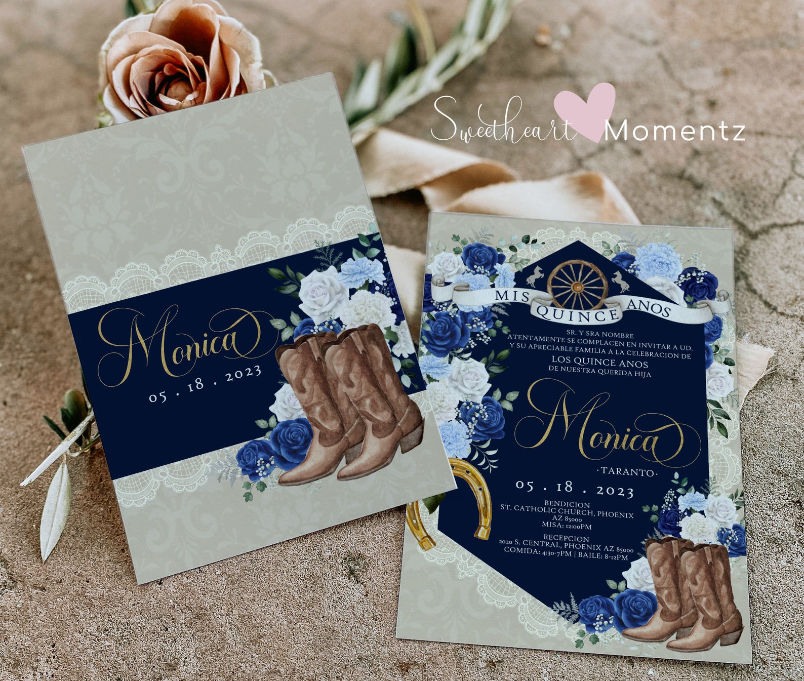 Blue Charro Quinceanera Invitation, Charro Quinceanera, Blue and White ...