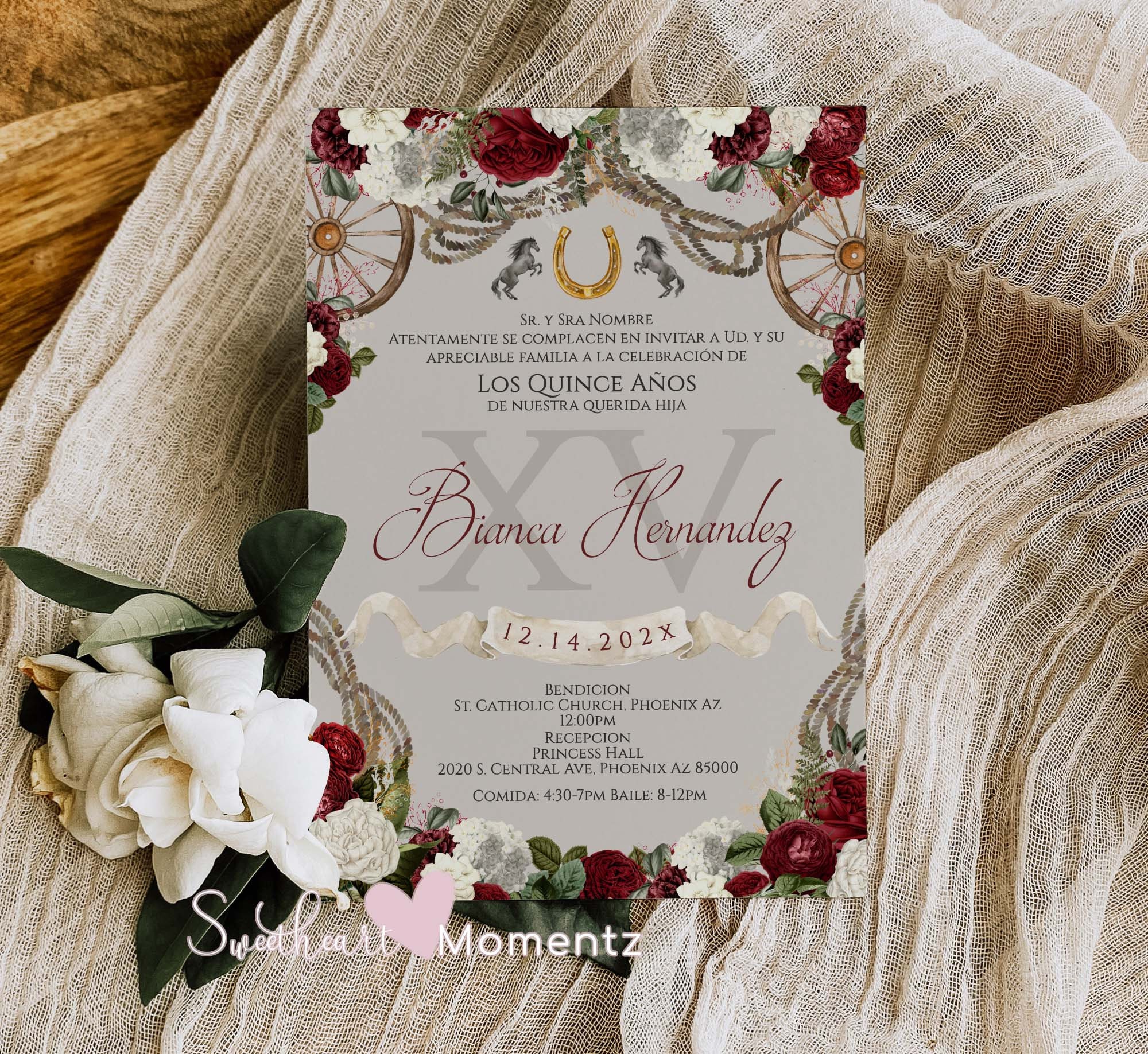 Burgundy Charro Quinceanera Invitation, Charro Quinceanera, Burgundy ...