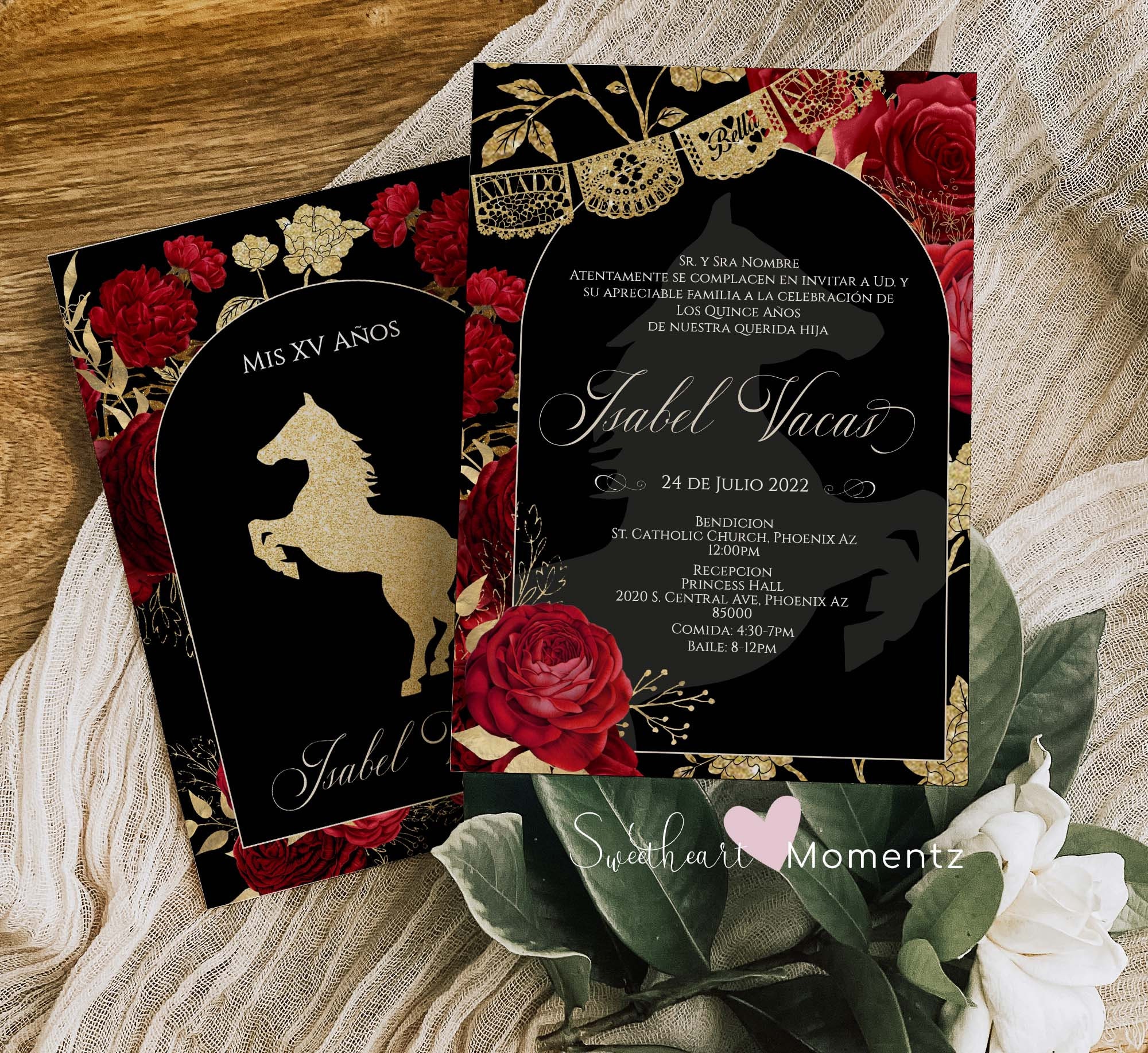 Red Charro Quinceanera Invitation, Charro Quinceanera, Red and Gold ...