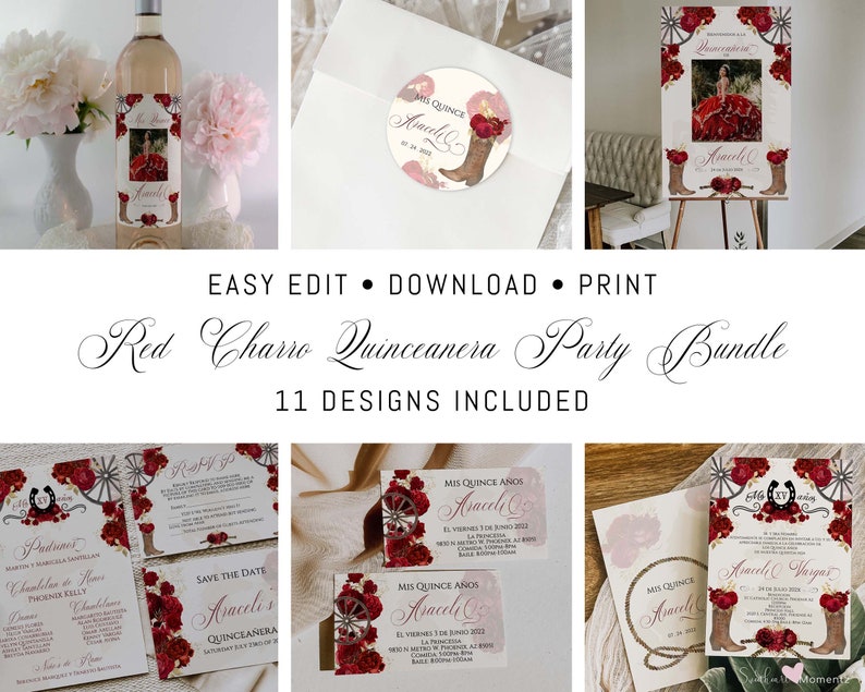 Red Charro Quinceanera, Quinceanera Invitation Bundle , Charro ...