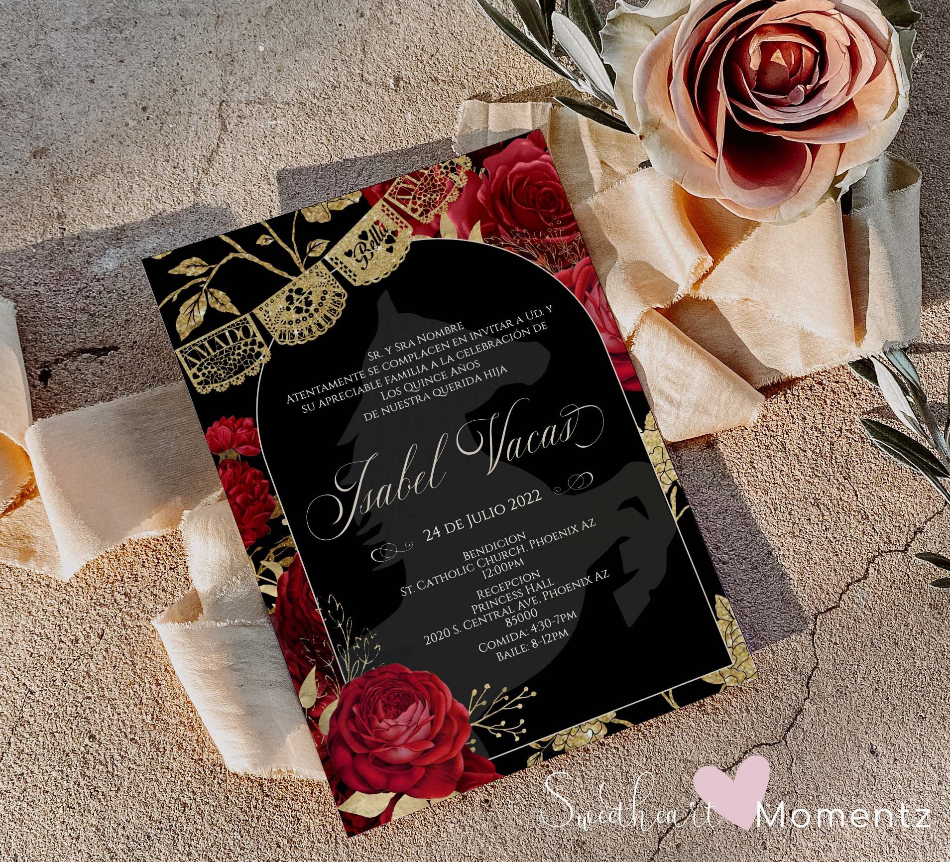 Red Charro Quinceanera Invitation, Charro Quinceanera, Red and Gold ...