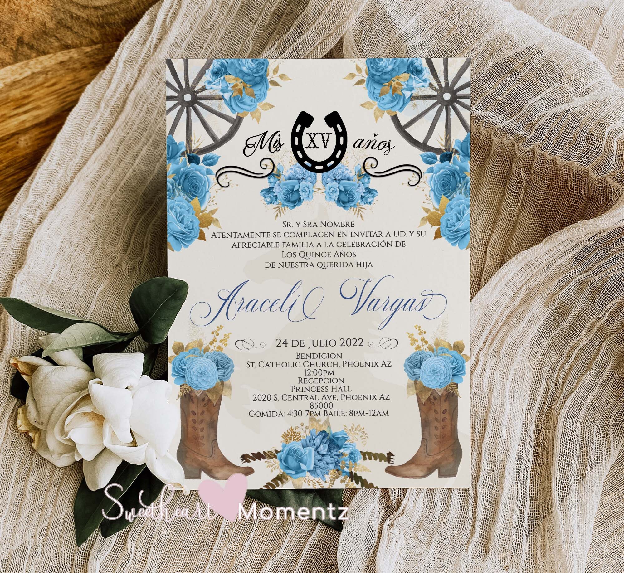 Light Blue Charro Quinceanera Invitation, Charro Quinceanera, Blue ...