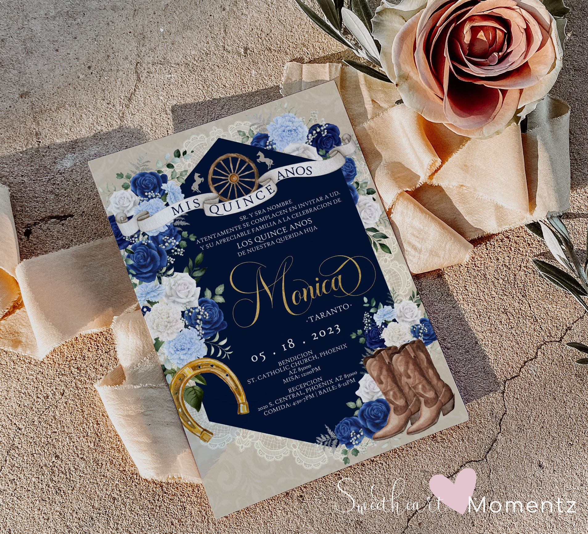 Blue Charro Quinceanera Invitation, Charro Quinceanera, Blue and White ...