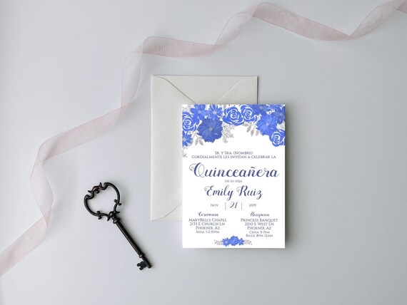 Blue Floral Quinceañera Invitation Set, Vip passes, Glitter Quinceañera ...