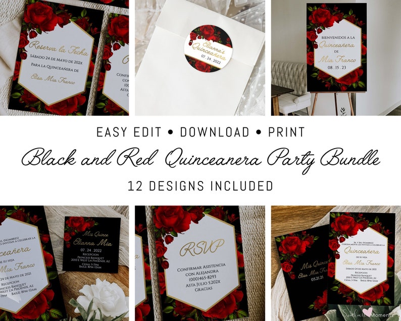 Red Rose Quinceanera, Quinceanera Invitation Bundle , Red Black Gold ...