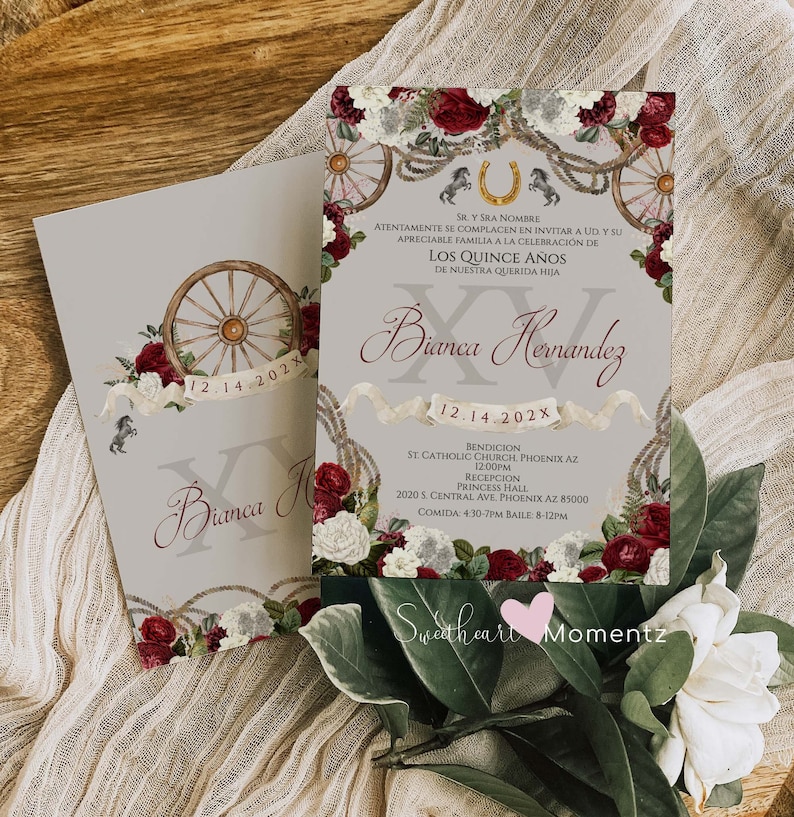 Burgundy Charro Quinceanera Invitation, Charro Quinceanera, Burgundy ...