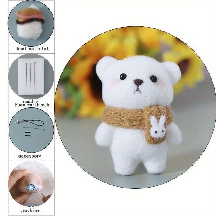 DIY Wool Felting Kit - Cute White Bear With Scarf - Beginner-friendly ...