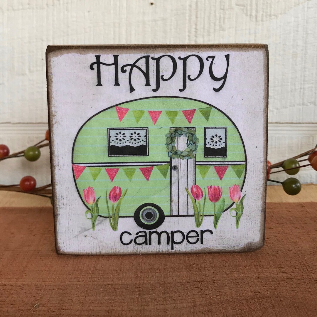 Happy Camper, Green Camper Sign, 4 Inch Square Sign Block, Wood Decor ...