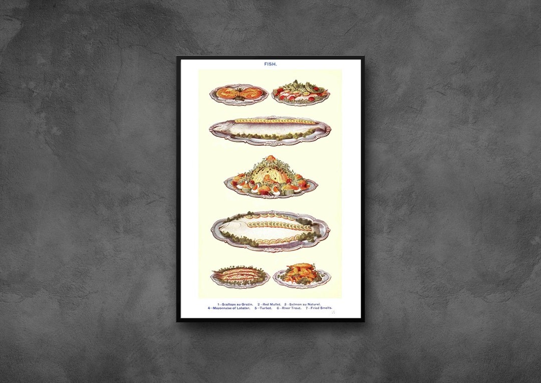 Food Art Print Fish Dishes Poster Print, Kitchen Wall Decor Framed ...