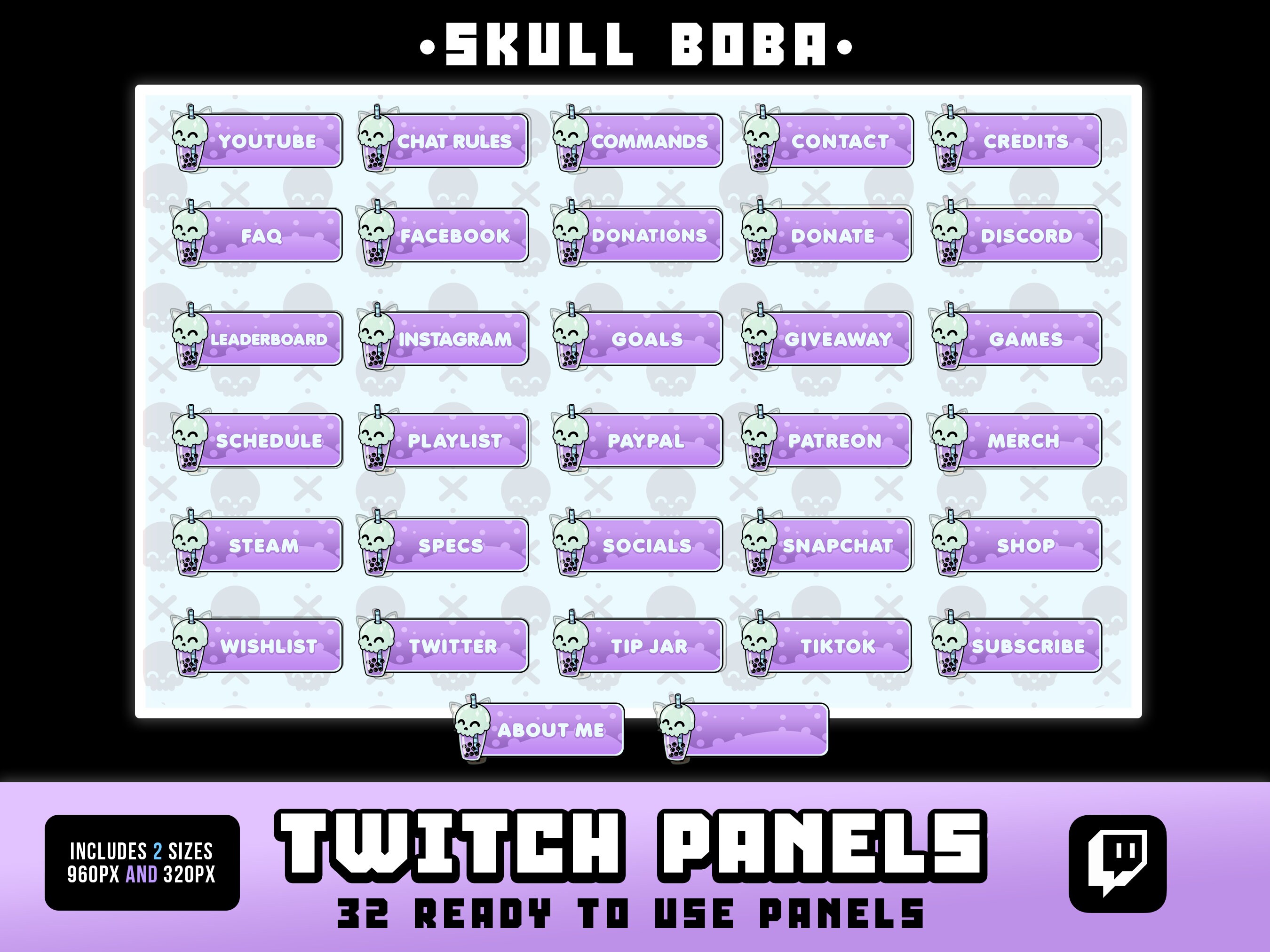 32 Skull Boba Streamer Panels for Twitch - 32 Twitch Panels | Skeleton ...
