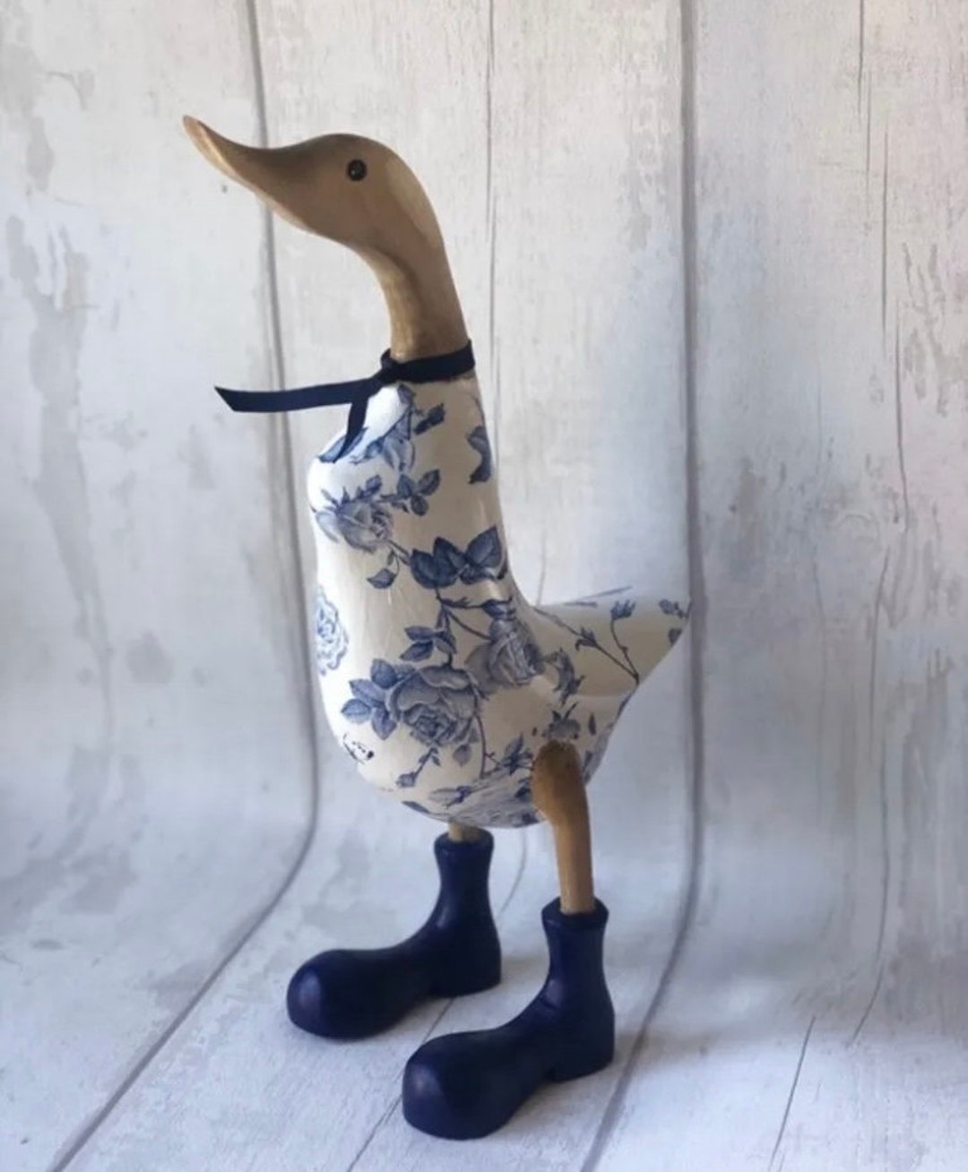 Decorated Wooden Ducks in Wellies - Stylish Blue Floral Design *gift ...