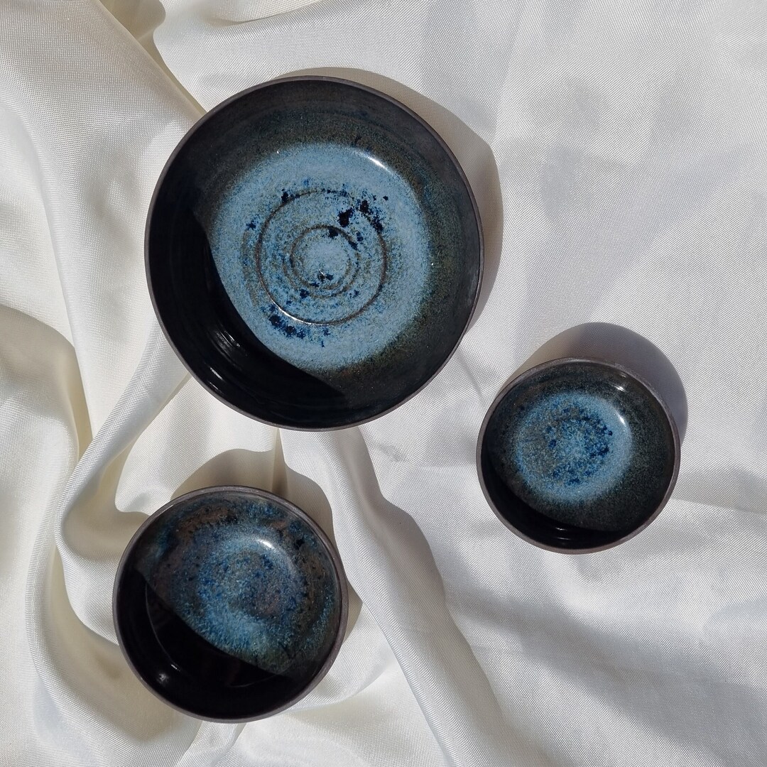 Medium Ceramic Plates - Set of 3 ; Dark Blue Plates; Serving Dishes ...