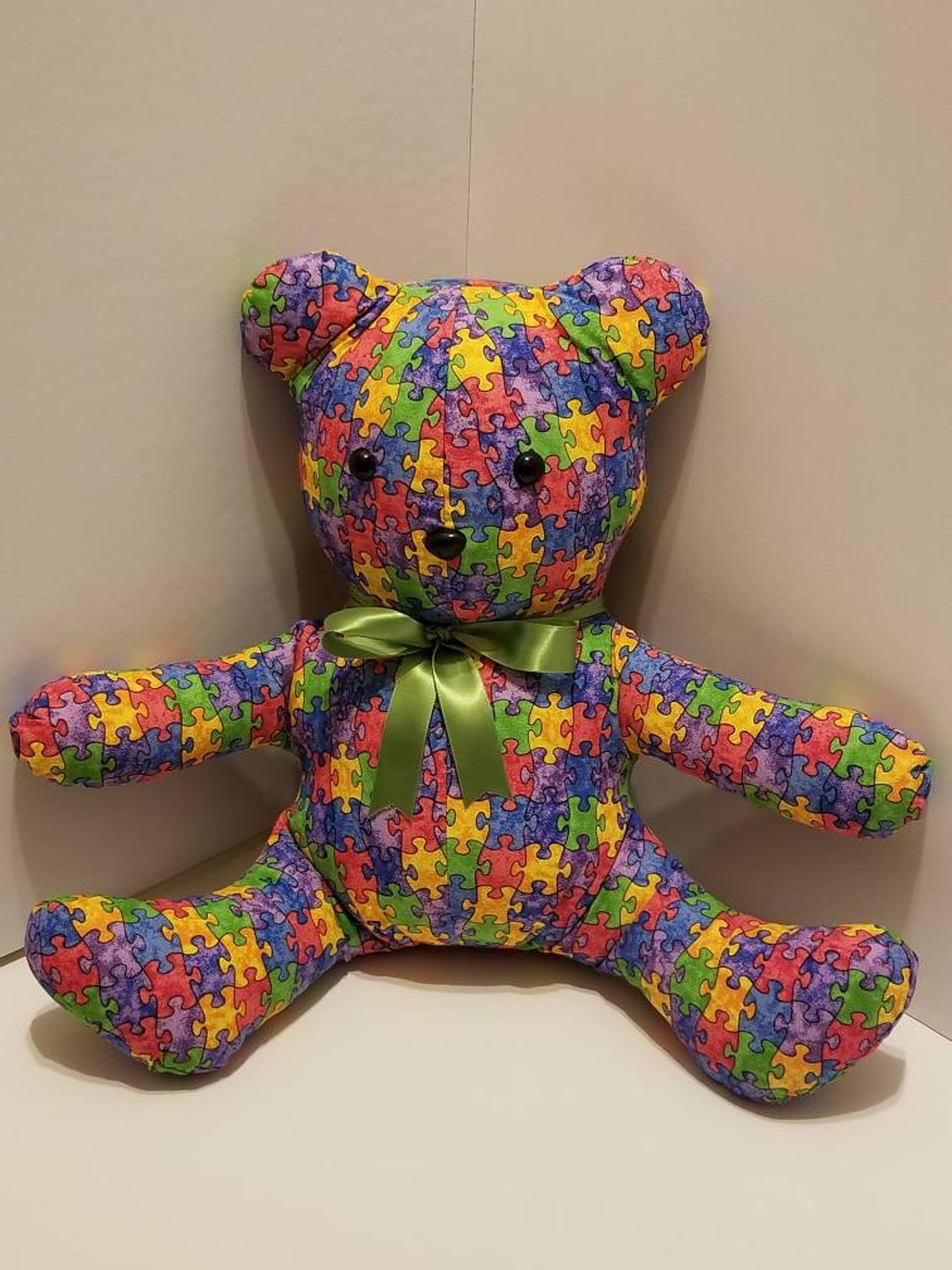 Autism Awareness Stuffed Teddy Bear in Multicolored Puzzle Fabric - 16 ...