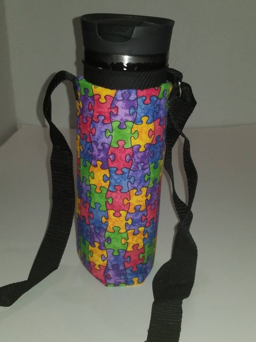 Autism Awareness Water Bottle Holder in Multicolored Puzzle Fabric - Etsy