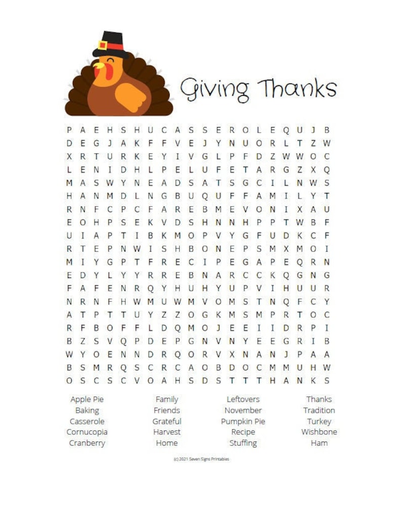 Giving Thanks Thanksgiving Word Search - Etsy