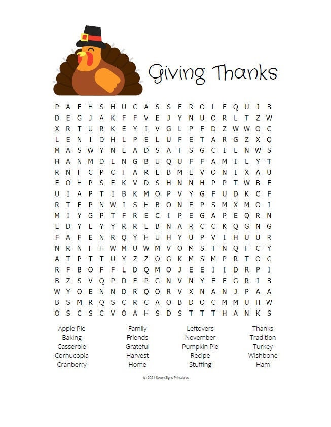 Giving Thanks Thanksgiving Word Search - Etsy