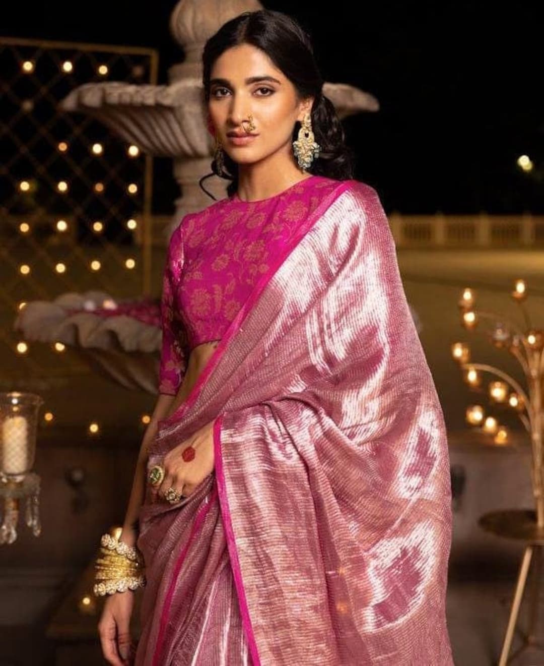 Authentic Handloom Pink Tissue Chanderi Silk Mercerized Silver Zari ...