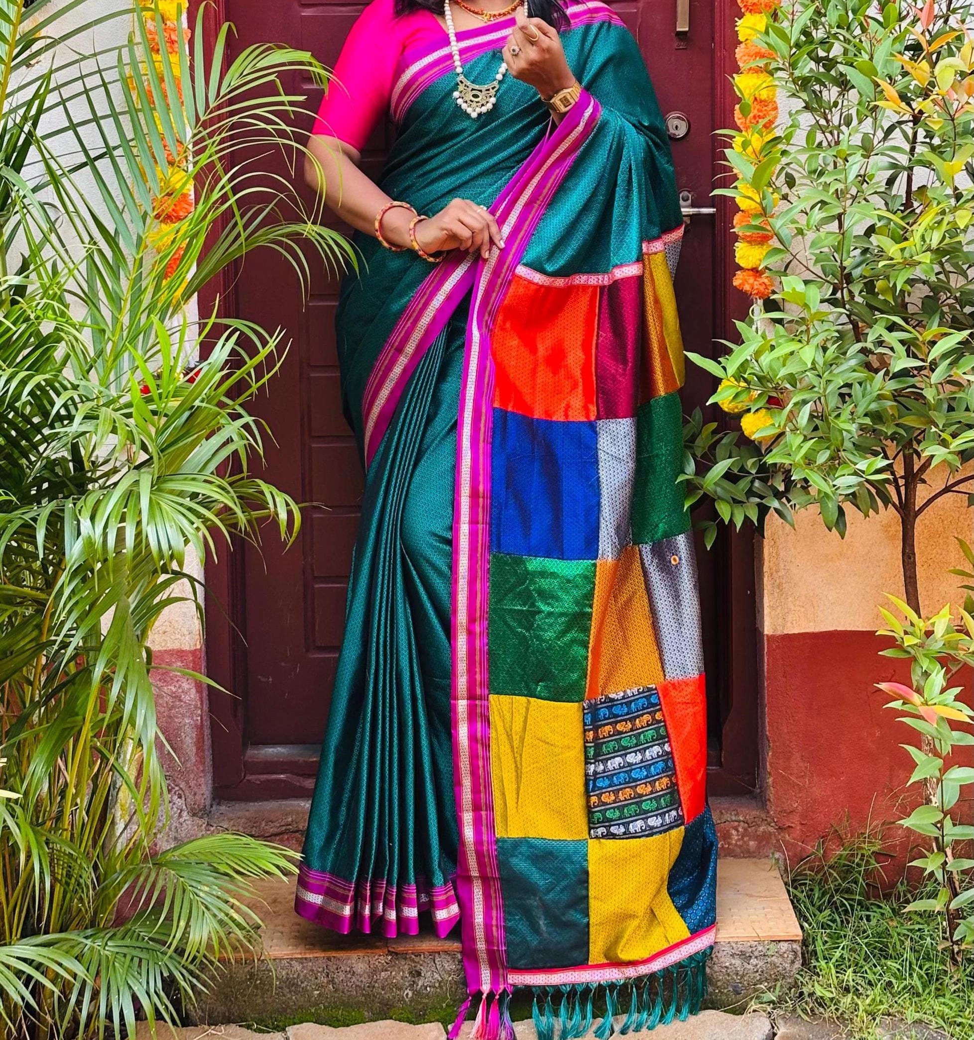 Maharashtrian Handpicked Customised Khun Saree With Contrast Pink ...