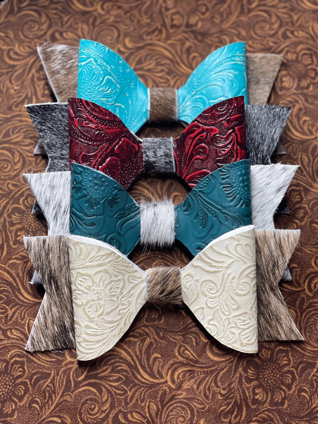 Cowhide & Tooled Leather Bow - Etsy