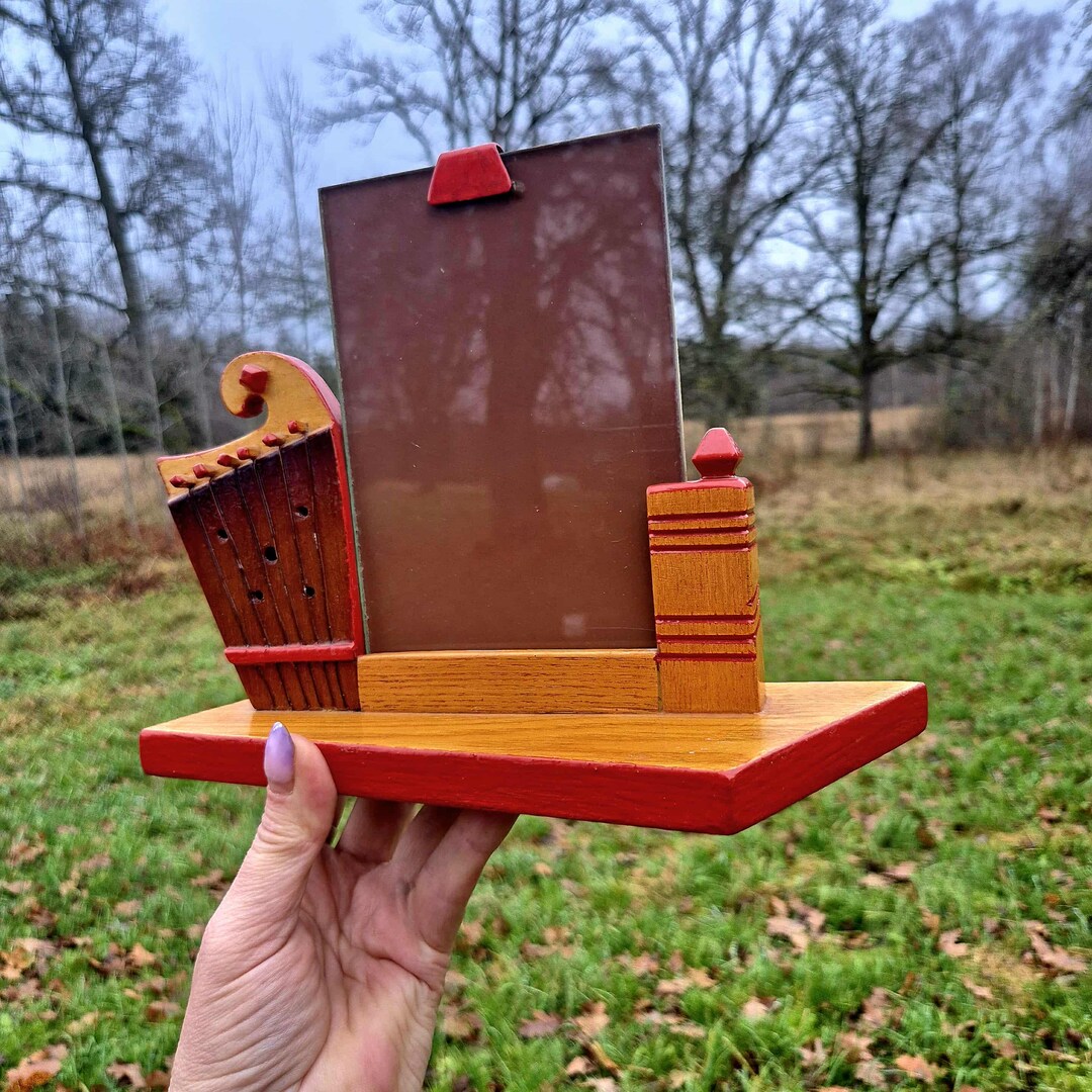 Rare Latvian Folk Art Wooden Photo Holder, Kokle Motif, Handmade 1970s ...