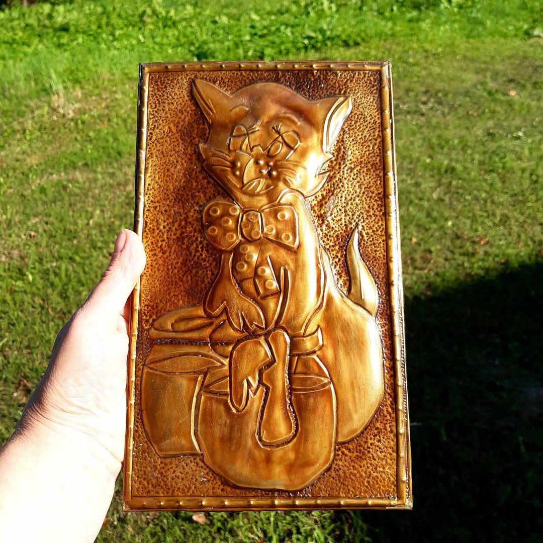 Vintage Wall Hanging Brass Plaque Cat, Copper Cats 1960s, Wall Art ...