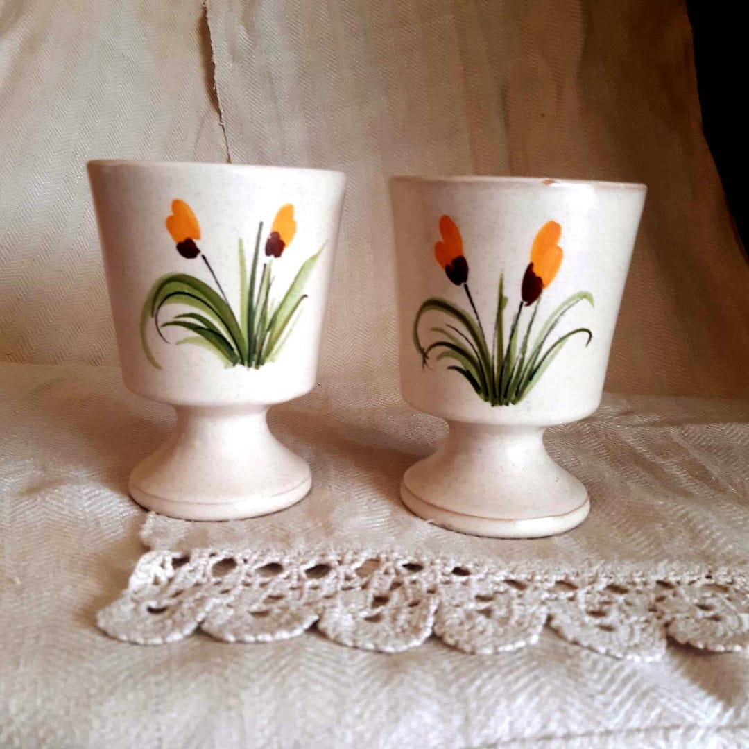 Vintage Hand Painted Ceramic Mazagran Cups Pair, Floral Scandinavian ...