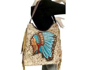 Raviani Western Hobo Indian Chief in Hair on Leather W/ Fringe | Etsy