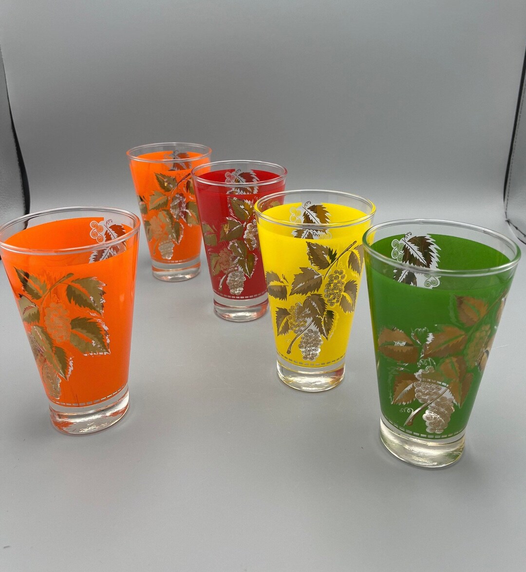 Vintage Red, Yellow, Green and Orange Drinking Glasses With Gold Grape ...