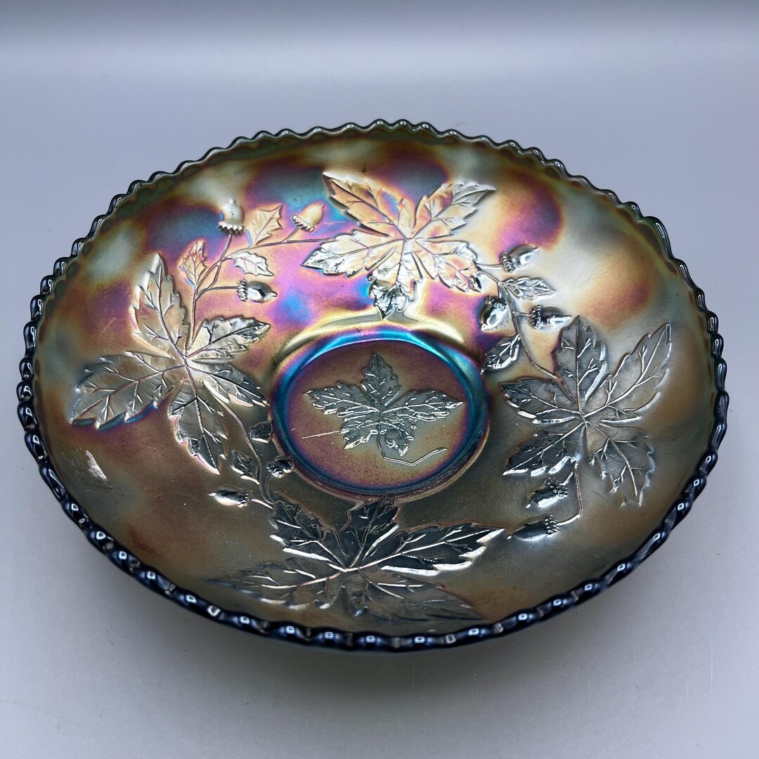 Fenton Autumn Acorns Leaves Green Carnival Glass Bowl - Etsy