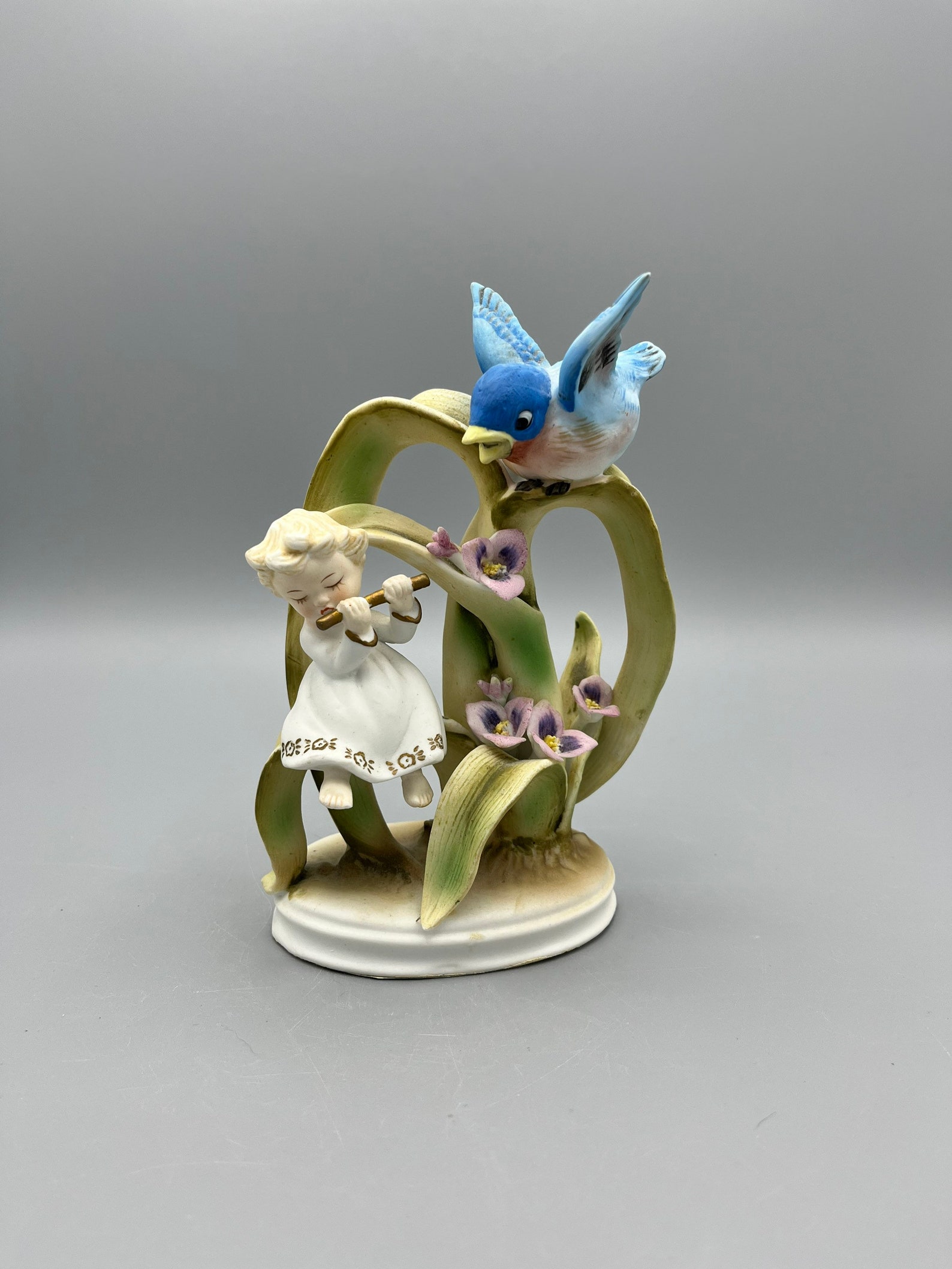 Lefton Blue Bird and Girl Playing Flute Figurine - Etsy