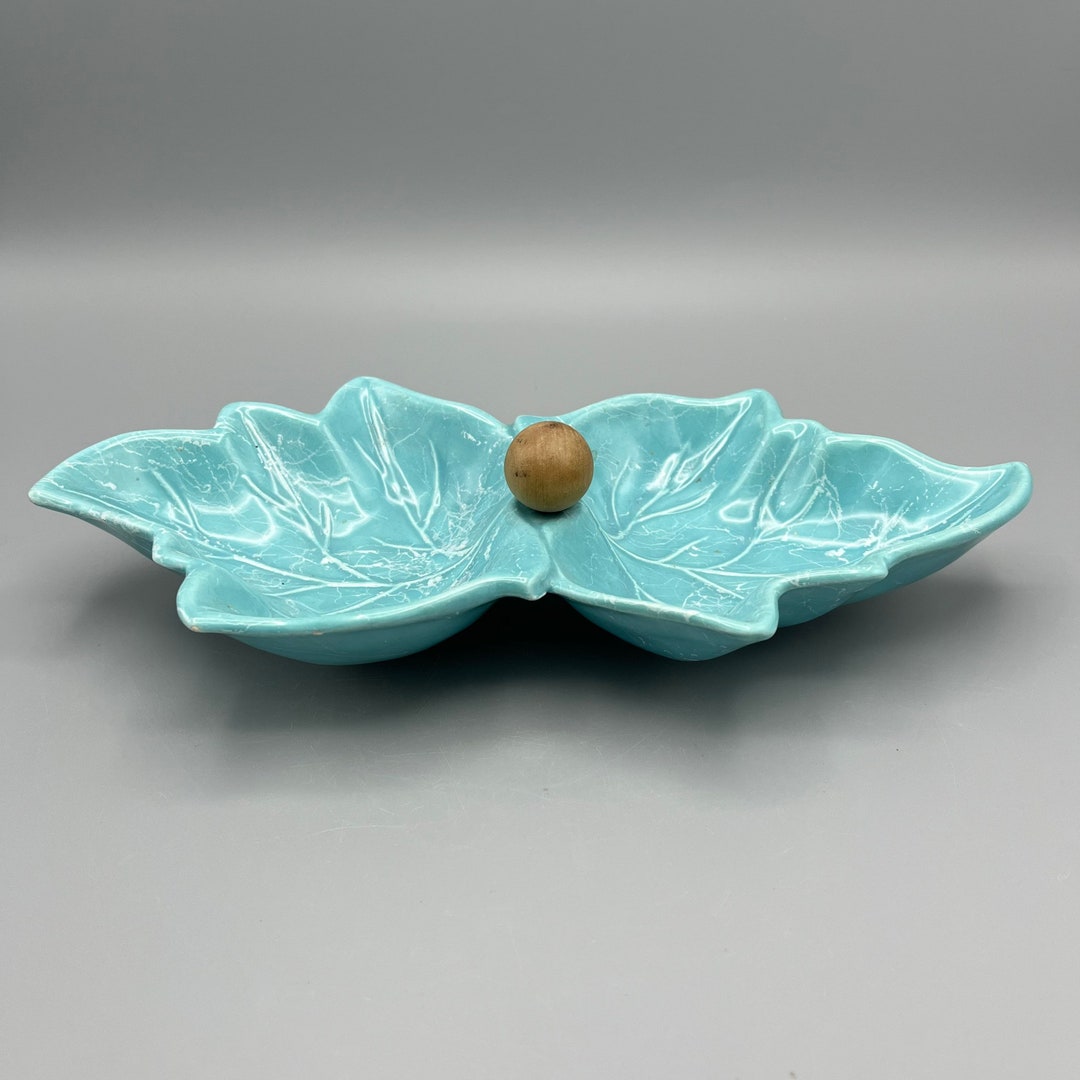 Vintage MCM Leaf Candy Dish, Blue Candy Dish, Blue Ceramic Divided Leaf ...