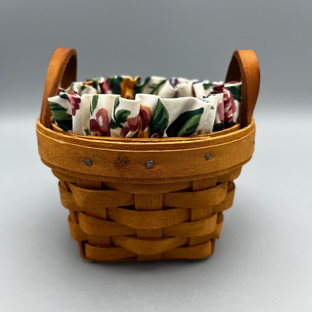 1995 Longaberger Mini Basket With Leather Handles and Floral Fabric ...