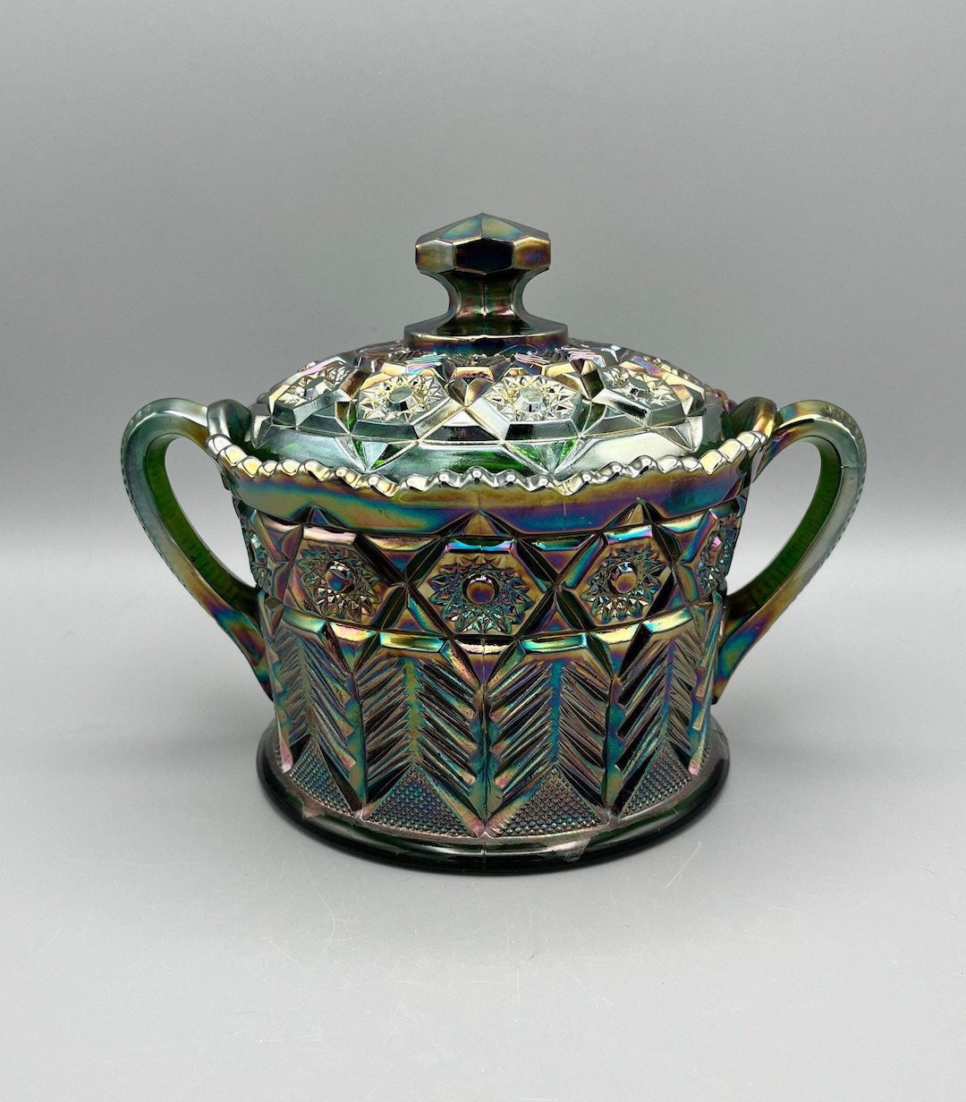 Cambridge Inverted Feather Green Carnival Glass Cracker Jar With Lid - Etsy