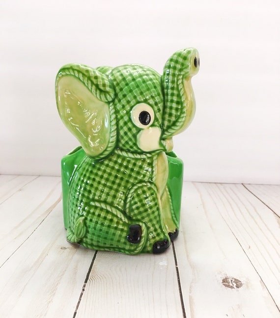 Vintage Lefton Elephant Nursery Planter Green Gingham | Etsy