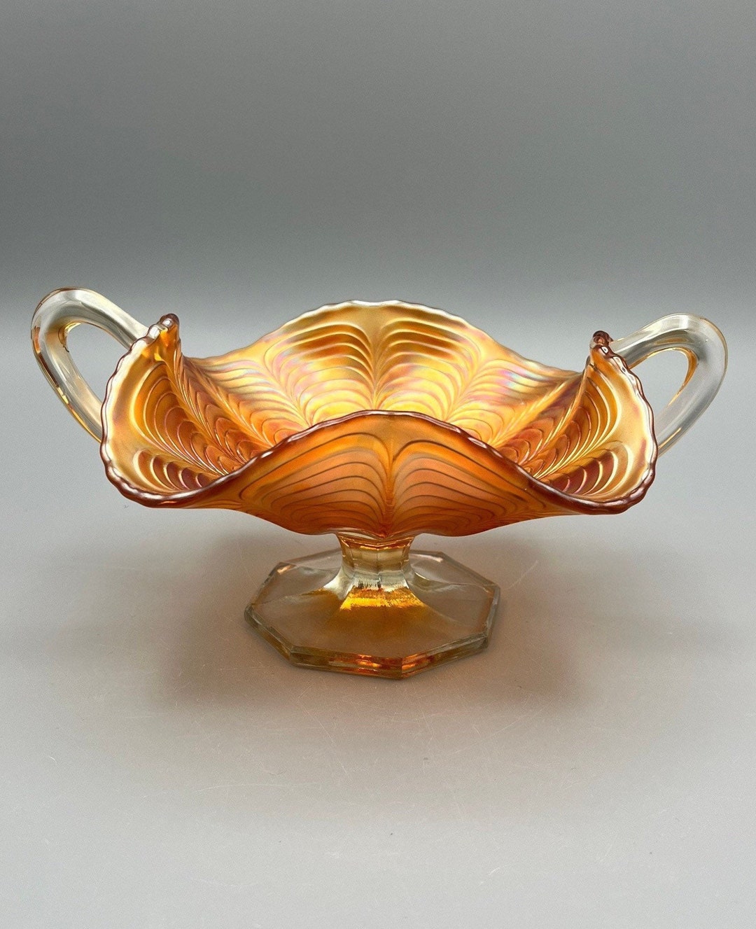 Fenton Marigold Carnival Glass Bonbon Dish: Peacock Tail Compote - Etsy